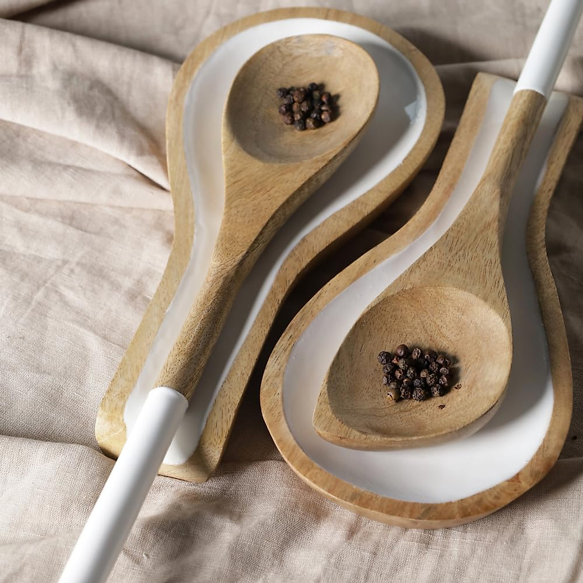 The Art Box Wooden Cooking Spoon Utensils Set of 5 - Kitchen Serving Tools Non-Stick Cookware12 Inch Wooden Fork, Corner Spoon, Slotted Turner, Spoon, Spatula For Baking, BPA Free, White