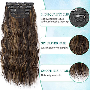 KooKaStyle Clip in Long Wavy Synthetic Hair Extension 20 Inch 4PCS Balayage Dark Brown to Chestnut Hairpieces Fiber Thick Double Weft Hair Extension for Women