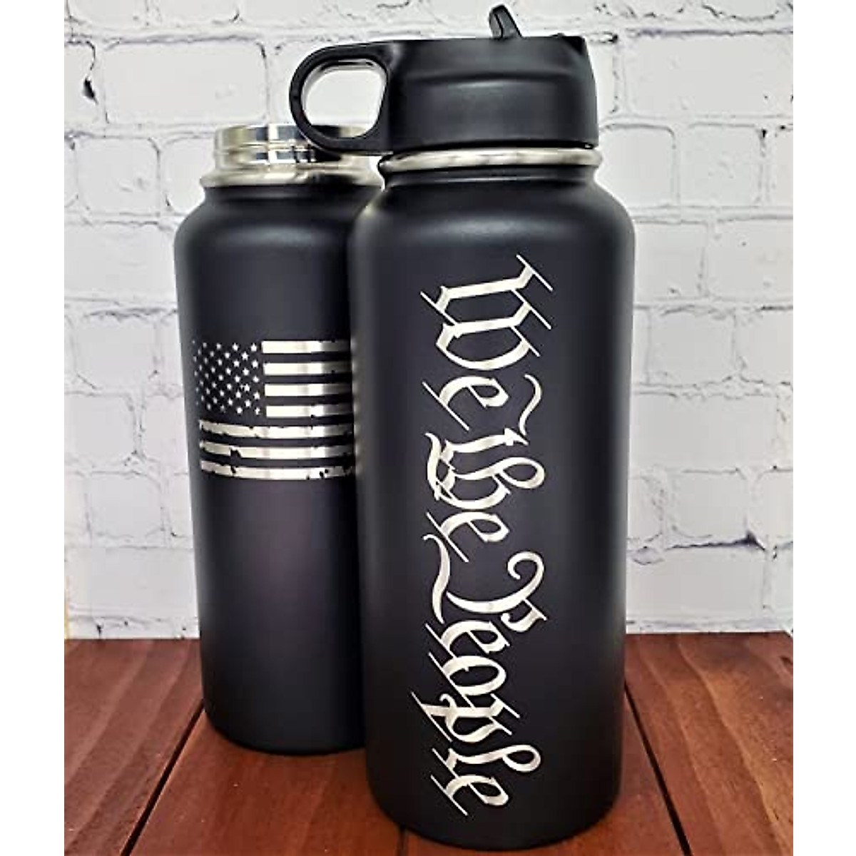 WTP We The People American Flag Stainless Steel Water Bottle Insulated - Double Walled Two-Sided Laser Engraved Hydration Bottle Hot or Cold / 32 oz US Constitution
