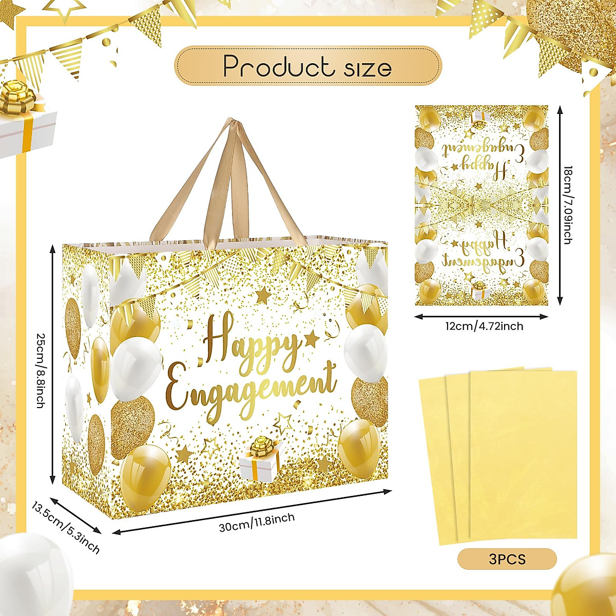 Engagement Party Gift Bags White Gold Engagement Gift Bags with Tissue Paper Card Christmas Engagement Gift Wrapping Paper Bag Happy Engagement Gift Bag Card Gold Engagement Party Decoration Supplies