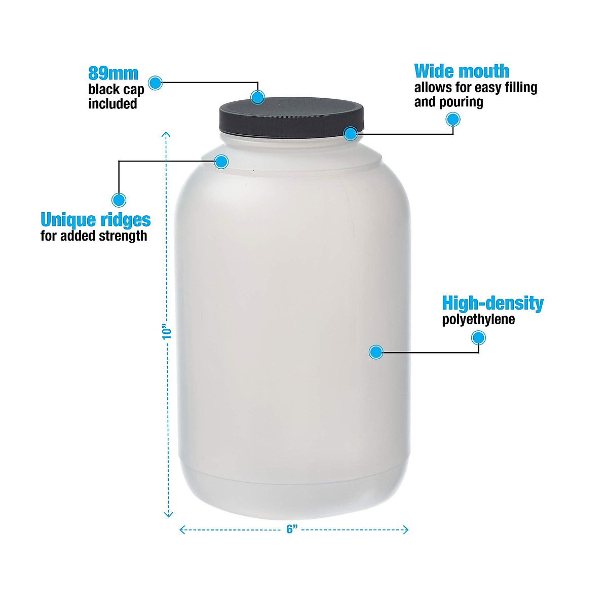 Hudson Exchange 1 Gallon Wide Mouth Plastic Jar with Cap, HDPE, Natural, 4 Pack