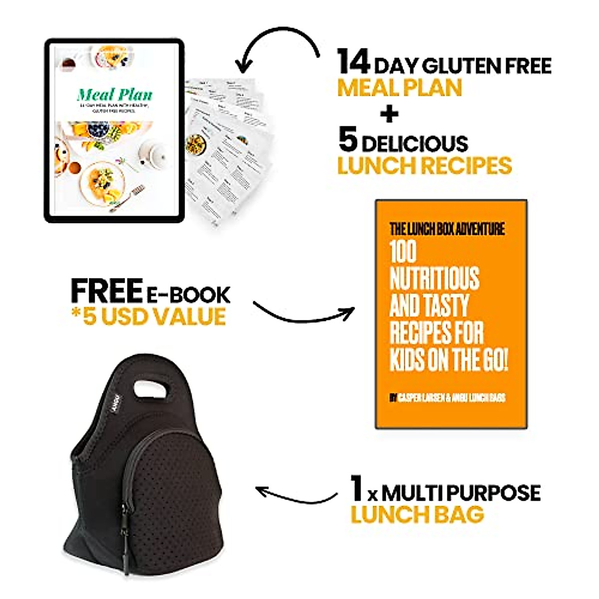 ANGU Neoprene Lunch Bag with Pocket - Keep Your Lunch Nice and Chilled - Washable Lunch Bags Made of Durable 5mm Neoprene - Quality YKK Zippers will Never Break - Soft Cotton Feel (Black)
