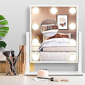 Hazifes Hollywood Vanity Mirror with Lights 9 LED,Tabletop Makeup Mirror with Smart Touch Control 3 Colors Dimable LED Bulbs Detachable 10X Magnification 360°Rotation White