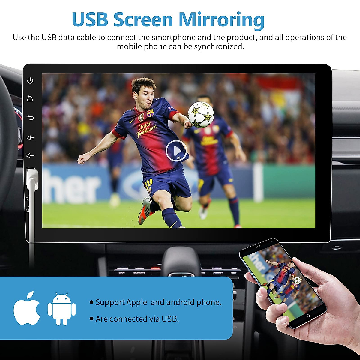 Single Din Car Stereo Support Carplay & Android Auto 9'' Touch Screen Car Audio EQ Multimedia Player Built-in Mirror Link USB Bluetooth Handsfree Call with FM/AM Radio Receiver Rear View Camera SWC