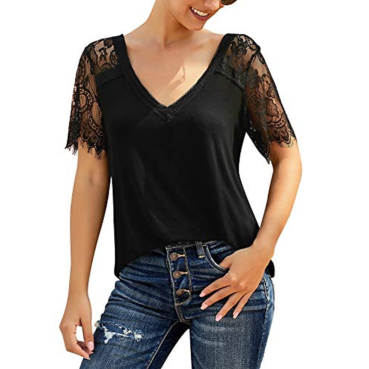LookbookStore Women's V Neck Scalloped Lace Tee Tops Short Sleeve T Shirt Casual Summer Tops for Women 2024 Black T Shirts for Women Blace Lace Tops Casual Comy Short Sleeve Shirts Size M Size 8 10