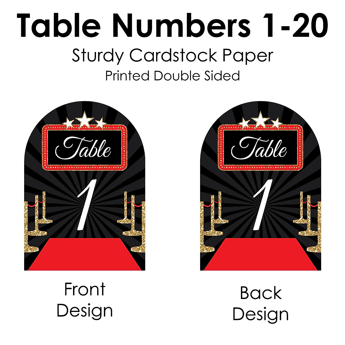 Big Dot of Happiness Red Carpet Hollywood - Movie Night Party Double-Sided 5 x 7 inches Cards - Table Numbers - 1-20