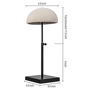 MyGift Adjustable 17.5 Inch Hat Rack Stand with Fabric Covered Dome, Tabletop Black Metal Hat, Wig, Veil and Head Accessories Display Holder, Adjust 11.5 to 17.5 Inch Height, Set of 2
