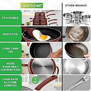 NutriChef Space Saver 17-Piece Nonstick Cookware Set - Brown Pots and Pans with Stackable Design, Foldable Handles, Induction Ready