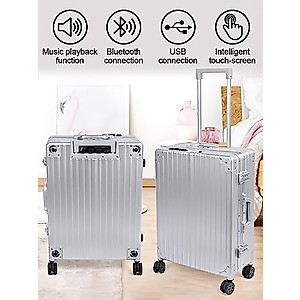 Lorvain 24 Inch Large Makeup Train Case with Mirror and Lights, Rolling Cosmetic Trolley with Bluetooth, Professional Artist Cosmetic Travel Organizer Box Aluminum Makeup Case Salon Station (Silvery)