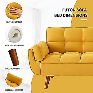 Homies Life Convertible Futon Sofa Bed, Linen Sleeper Couch, 75" W Modern 3 Seater Tufted Sofa with Adjustable Backrests and Soild Wood Legs for Living Room, Bedroom, Small Space, Yellow