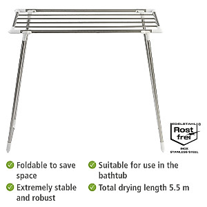 WENKO Clothes Drying Rack, Collapsible Laundry Rack, Indoor and Outdoor Drying Rack, Garment Drying Rack for Balcony, Bathroom, Bedroom, Stainless Steel, 34.3 x 31.1 x 15.4 in, Silver Matt