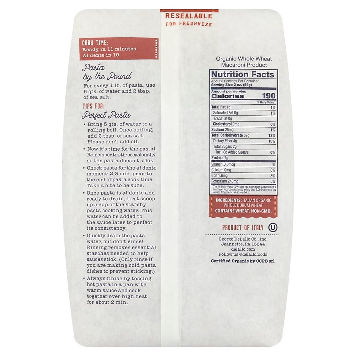 DeLallo, Pasta, Whole Wheat, Fusilli # 27, 16 oz