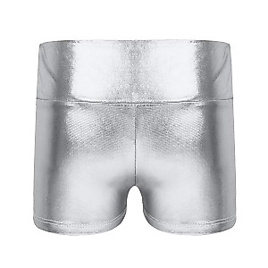 MSemis Kids Girls Stretch Metallic Booty Shorts for Gymnastics Dance Sports Bottoms Swimming Hot Pants High Waisted Silver 10