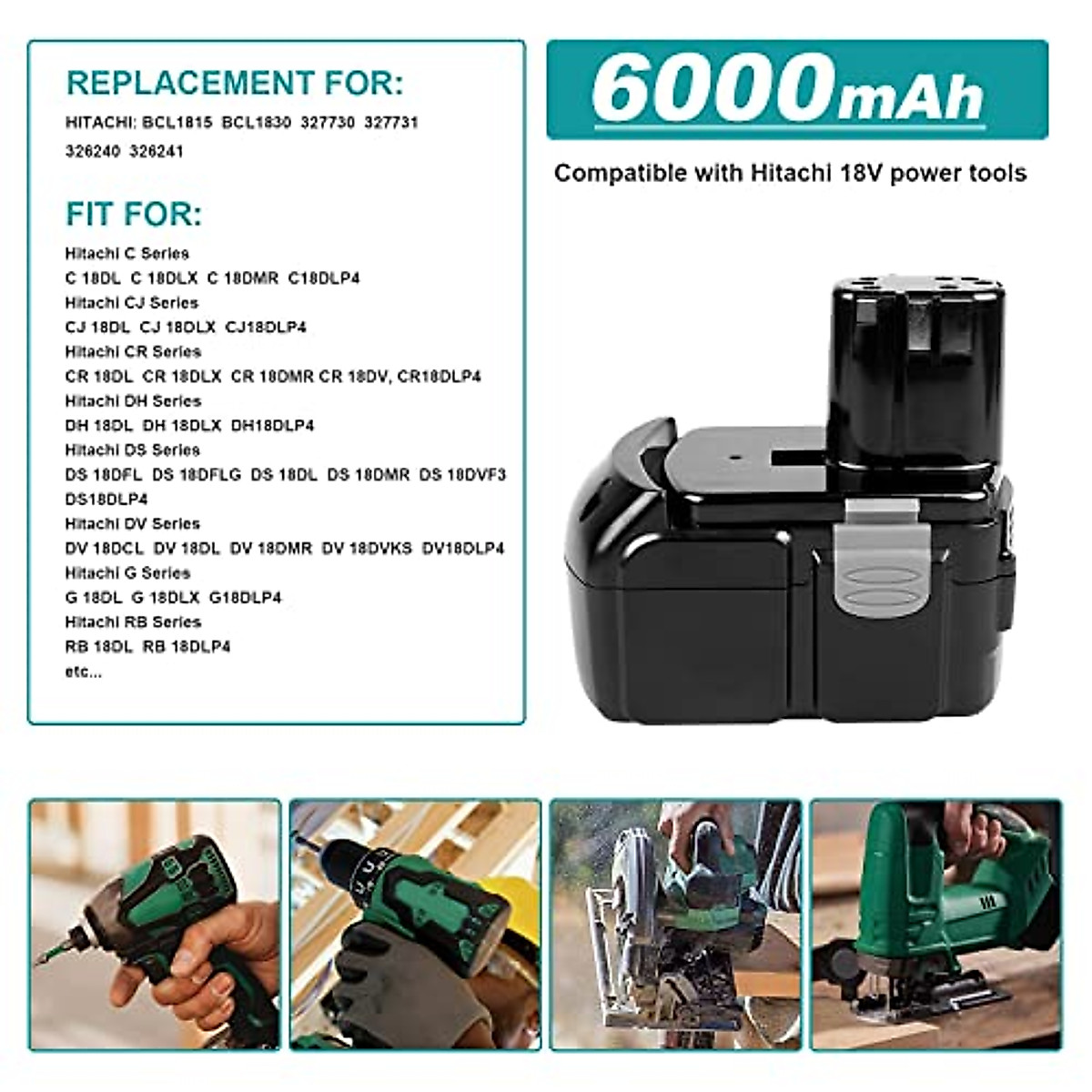 [2Pack] 18V 6.0Ah! High-Output Battery for Hitachi Power Tools BCL1815 BCL1820 BCL1825 BCL1830 BCL1840 EBM1830 327730 327731 Li-ion 18-Volt Battery