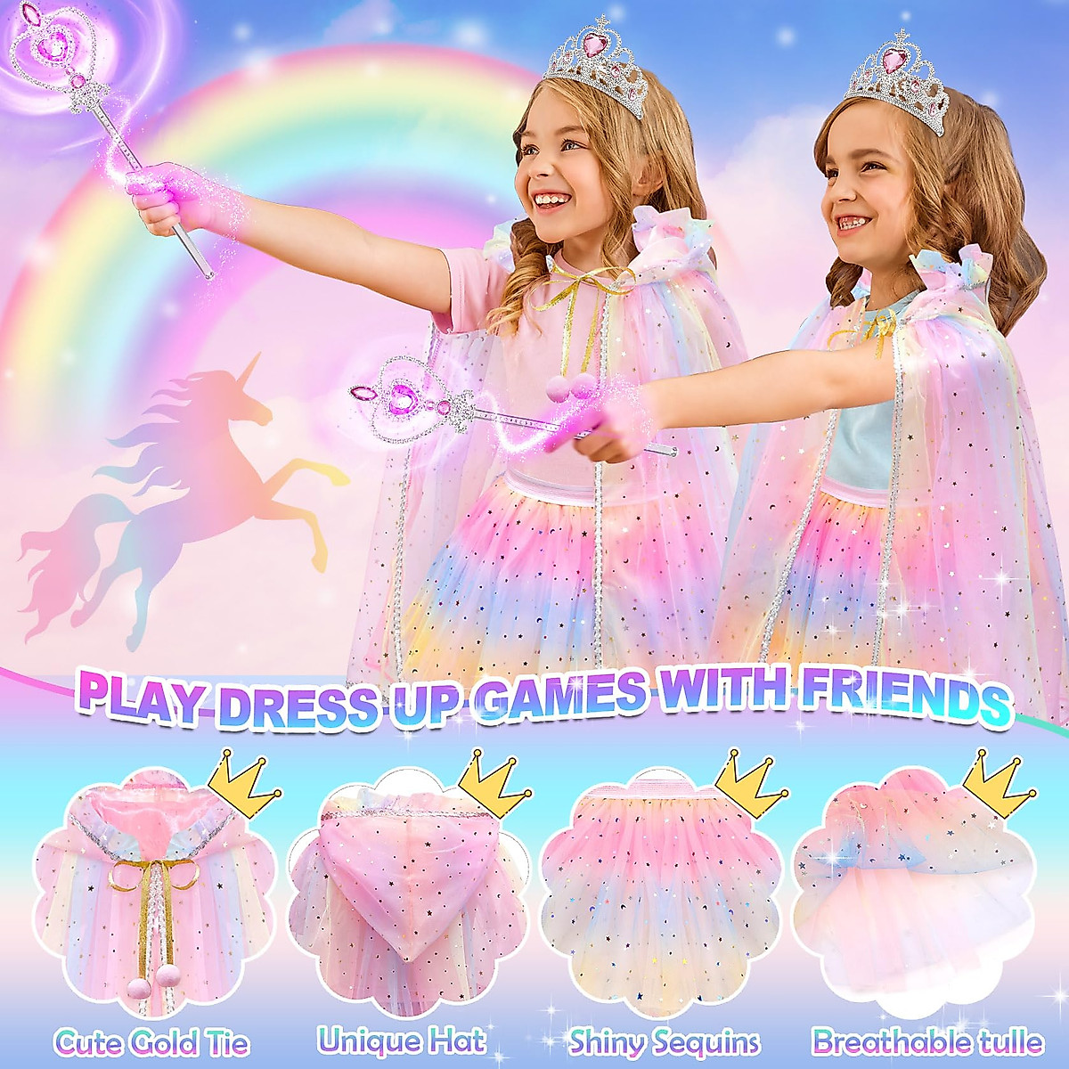 Princess Dress Up for Girls 4-6,Princess Dresses for Girls Toys for 3 4 5 6 7 8 Year Old Girls Gifts,Kids Toys for Girls Age 6-8 Toddler Cape Set Easter Halloween Costumes Party Christmas Birthday