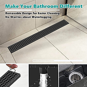 BARONAGE Linear Shower Drain 24 Inch with Removable Square Hole Pattern Cover Grate, 304 Stainless Steel Black Shower Floor Drain Watermark & CUPC Certified Include Accessories