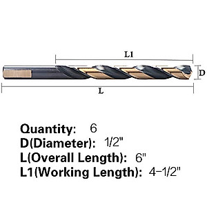 6 PCS,1/2", Black and Gold Twist Drill Bits