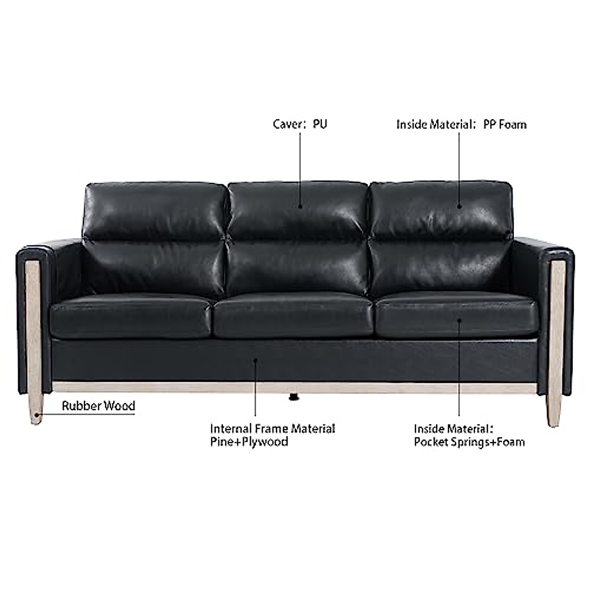 Haplized Comfortable PU Leather Sofa Couch,Soft Cushions with Solid Wood Legs, Durable and Long-Lasting,Couchs Sofa for Living Room,Apartment (Black, 3 Seater Sofa)