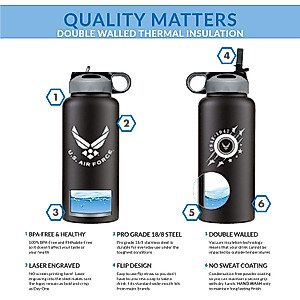 32oz Air Force Stainless Steel Insulated Water Bottle with Engraved USAF Logo - Air Force Gifts for Veterans | Disabled USMC Vet Owned SMALL Business