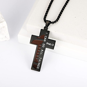Susook Football Cross Necklace for Men Bible Verse I CAN DO All Things Stainless Steel Sport Pendant for Men(Black)