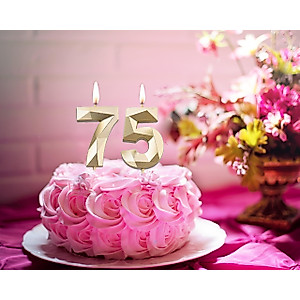 2 inch Gold 75 & 57 Birthday Candles, 3D Diamond Number 75th & 57th Cake Topper for Men Women Birthday Party Decorations Theme Party