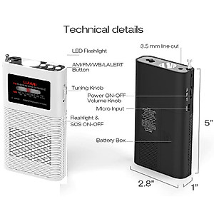 Pocket Weather Radio NOAA AM FM Band Portable Transistor Small Radio Battery Operated by 1500MAH with Long Antenna Emergency Alert and Flashlight Best Reception Best Sound Quality (White)