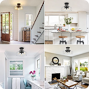 Modern Industrial Semi Flush Mount Ceiling Light with Clear Glass Shade, 3-Bulb Black Ceiling Light Fixture for Kitchen Bedroom Living Room Porch Hallway Entryway, E12 Socket, Bulbs Not Included