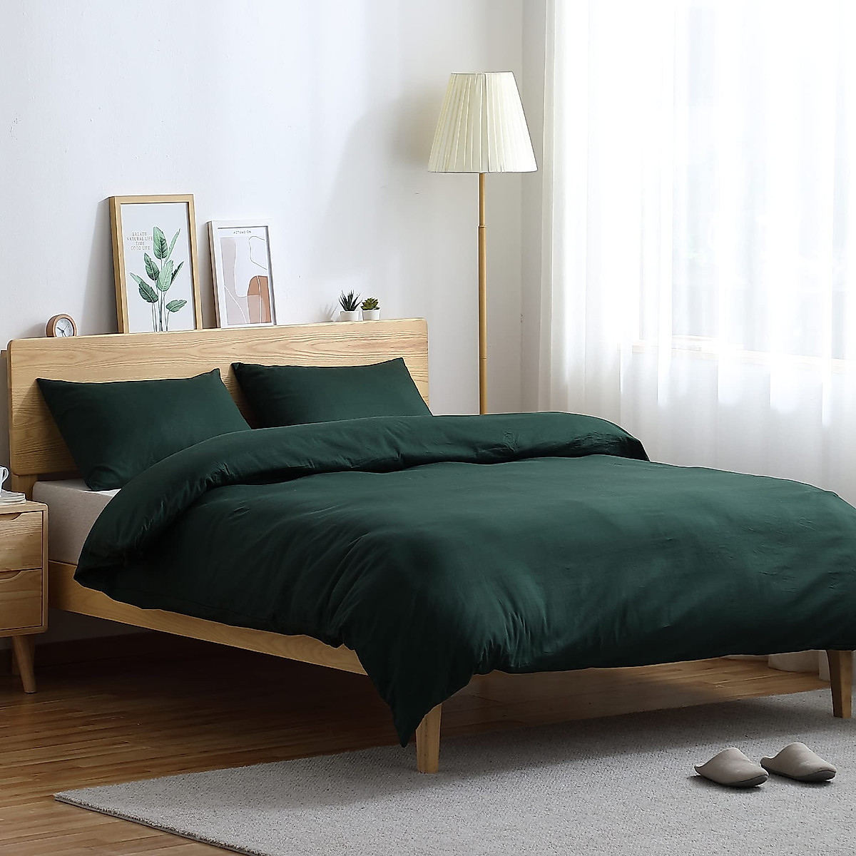 ATsense Duvet Cover King Size, 100% Cotton Linen Feel Super Soft Comfortable, 3-Piece Dark Green Duvet Cover Bedding Set, Durable and Easy Care, Simple Style Farmhouse Comforter Cover