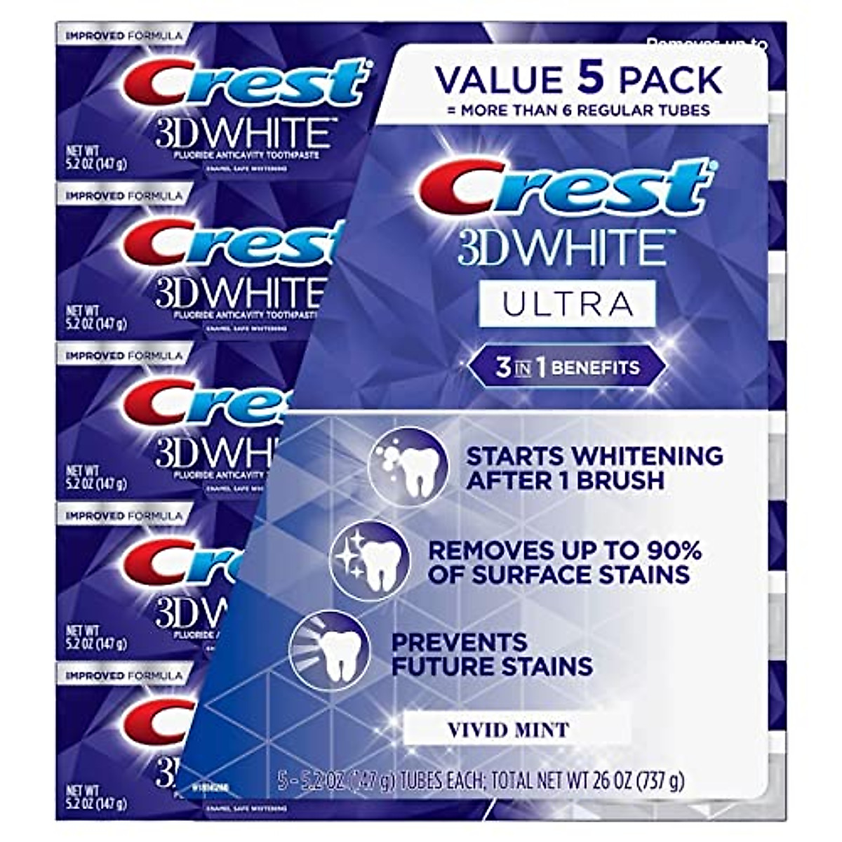 Crest 3D White Ultra Whitening Toothpaste, Vivid Mint (5.2 oz., 5 pk.)