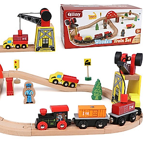 Qilay Wooden Train Set for Toddler - 39 Pcs Wooden Train Tracks with Crane, Bridge & 5 Wooden Trains - Train Toys for 3,4,5 Year Old Boys & Girls - Fit All Major Bands Train Tracks Set