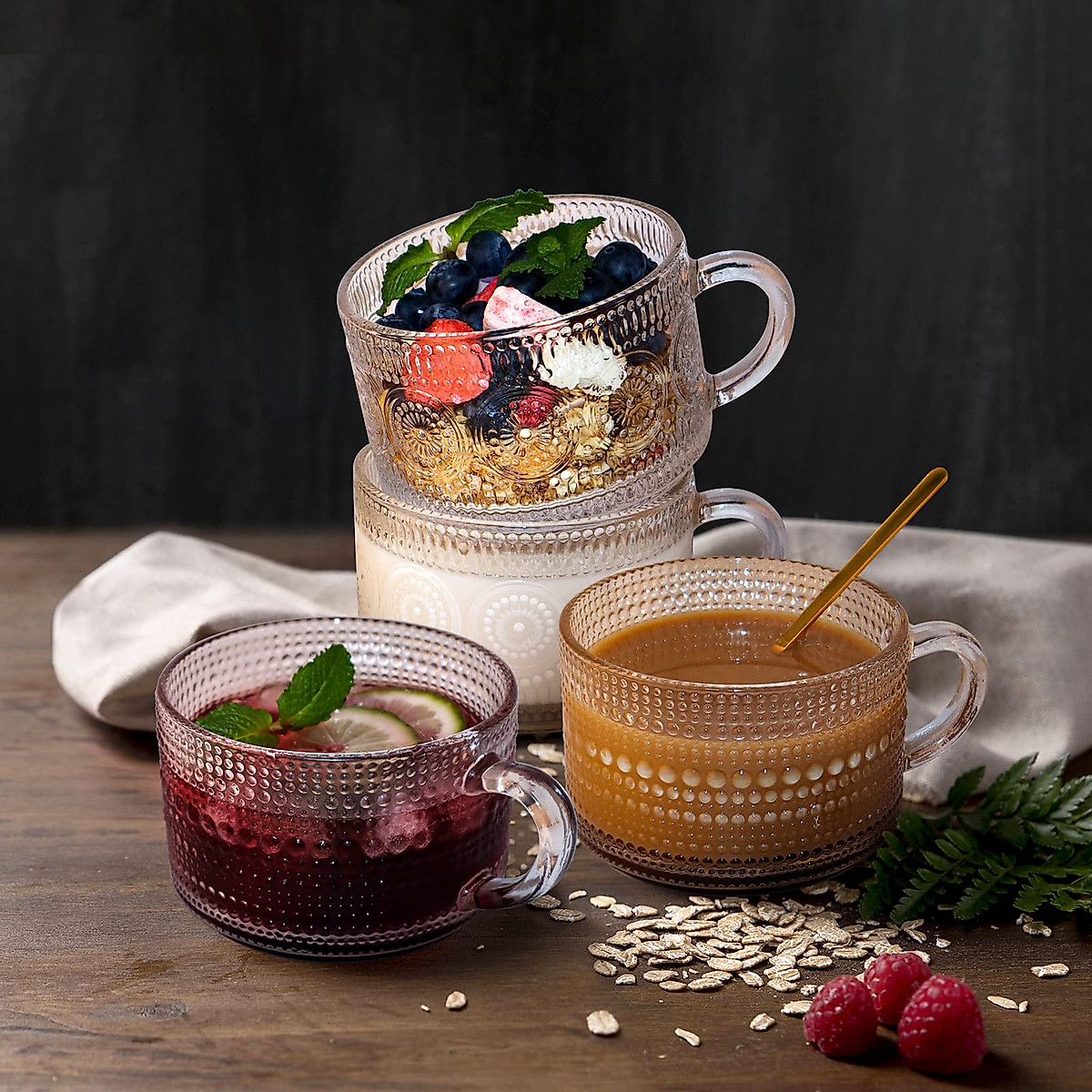 Anbanglin 4Set Vintage Coffee Mugs, Glass Cups with Spoons, 14OZ Elegant Embossed Tea Cups, Glass Coffee Cups for Ice Coffee, Cereal, Yogurt, Ideal Gift