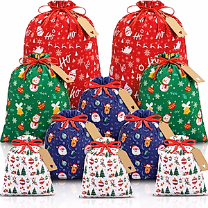 10 PCS Christmas Drawstring Gift Bags with Tags, Xmas Gift Bags Assorted Sizes Bulk, Large Medium Small Holiday Gift Bags Cotton Fabric Gift Wrapping Bags for Christmas Presents Party Favor Goody Sack
