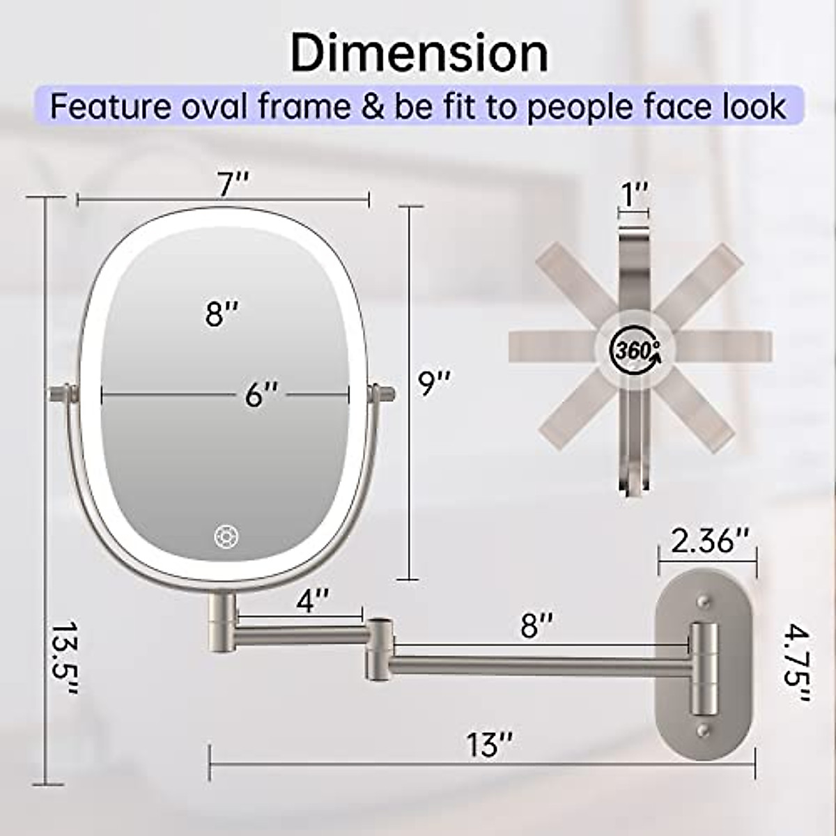 Rechargeable Wall Mounted Lighted Makeup Vanity Mirror, Double Sided 1X/7X Magnifying Mirror, 3 Color Lighting Option Dimmable, 360 Rotation Extension Foldable Arm, Oval Frame Shaving Light up Mirror