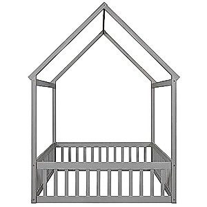Eafurn Full Size House Bed with Fence Railings and Small Door, Solid Wooden Floor Platform Bed with Roof Design, Playhouse Bed Frame Easy Assemble for Kids, Teens, Girls, Boys