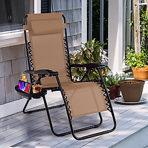 renatone Folding Zero Gravity Reclining Textilene Lounge Chairs, Outdoor Adjustable Patio w/Pillows & Cup Holder Trays for Backyard, Beach, Poolside (BE)