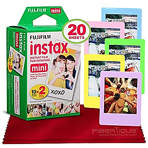 Fujifilm Instax Mini Instant Film (20 Sheets) for Fujifilm Instax Mini + 5 Picture Frames + FiberTique Cleaning Cloth (USA Warranty)