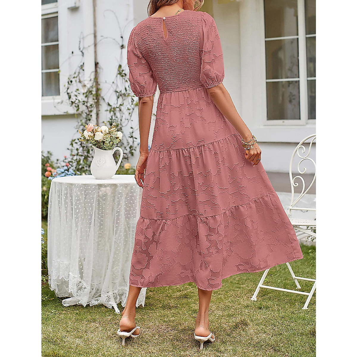 MEROKEETY Women's 2025 Summer Cute Bubble Sleeve Shirred Bohemian Dress Flowy Pleated Midi Long Dresses,Tearose,L