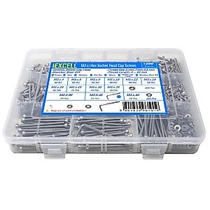 iexcell 1500 Pcs M3 x 4/6/8/10/12/16/20/25/30/35/40/45/50 Stainless Steel 304 Hex Socket Head Cap Screws Blots Nuts Washers Assortment Kit