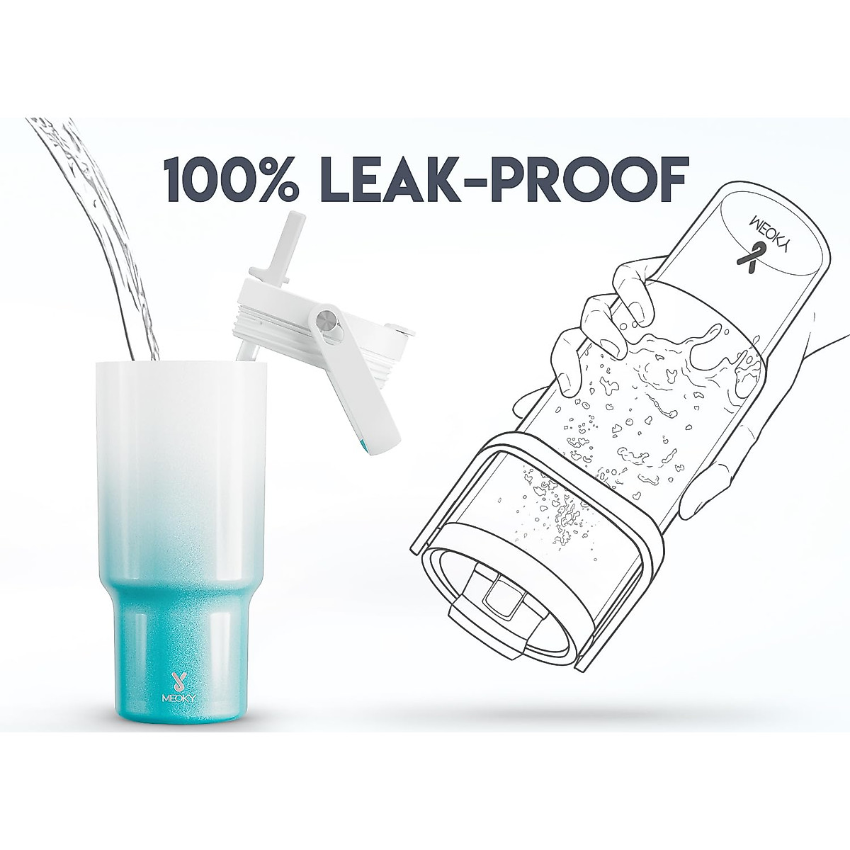 Meoky 32 oz Tumbler with Handle, Tumbler with Lid and Straw, Stainless Steel Travel Mug, 100% Leak Proof, Keeps Cold for 24 Hours, Fits in Car Cup Holder (Azure)