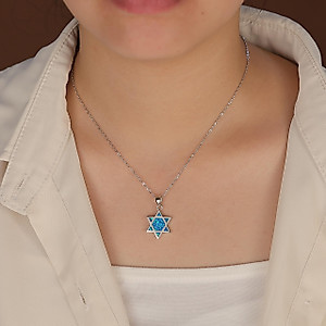 Hanukkah Magen Judaic Inlay Created Blue Opal Star Of David Pendant Necklace For Bat Mitzvah For Women Teen .925 Sterling Silver