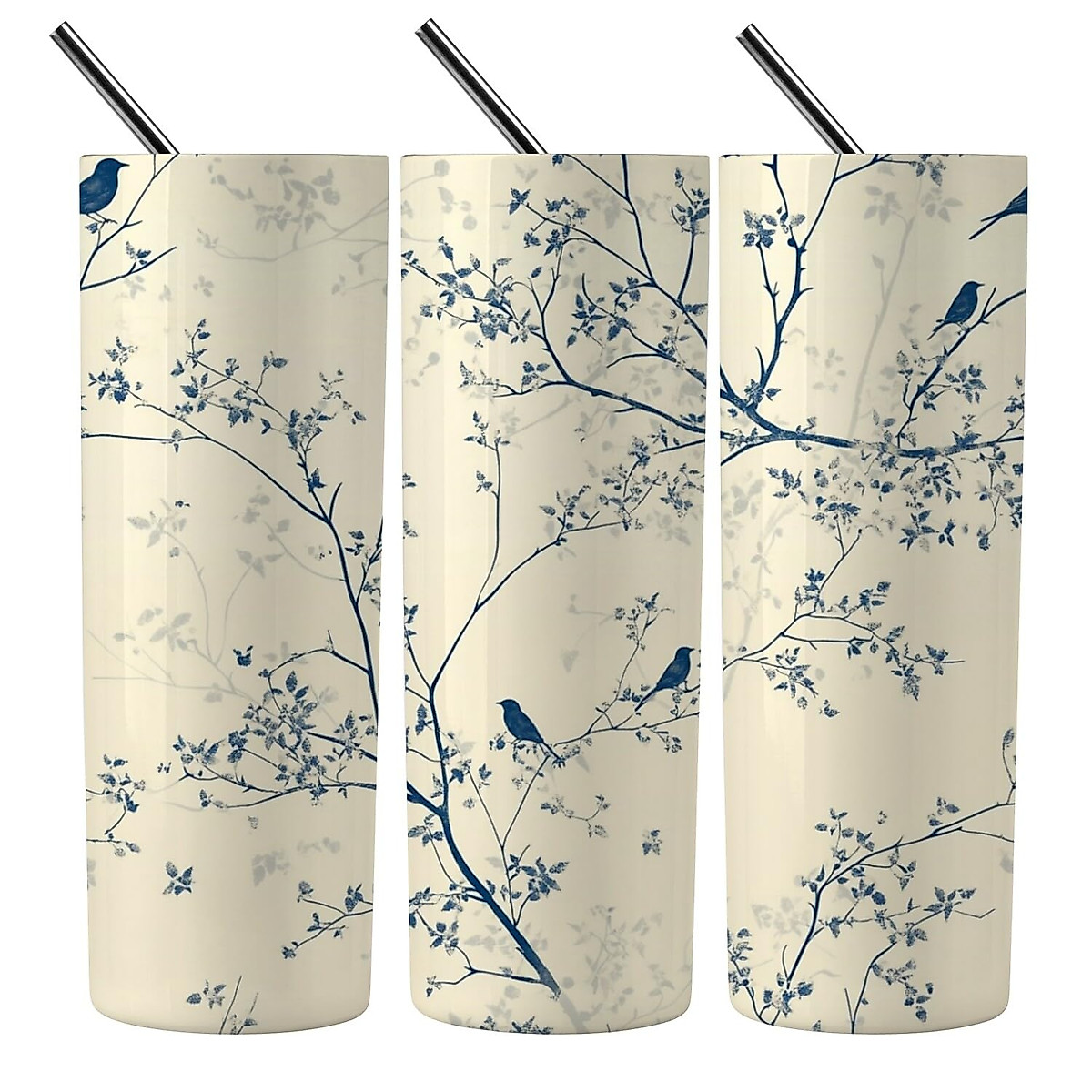Medpol Flower and bird tumbler with lid and straw 20 oz insulated tumbler cups Minimally printed flower and bird insulated travel coffee mugs for women cute sippy cups stainless insulated travel cups