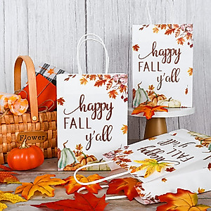 AnyDesign 16Pcs Happy Fall Y'all Gift Bags Autumn Maple Leaves Pumpkin Pattern Paper Bag with Handle for Thanksgiving Day Fall Themed Wedding Birthday Bridal Shower Party Favors, 5.9 x 8.3 x 3.2 Inch
