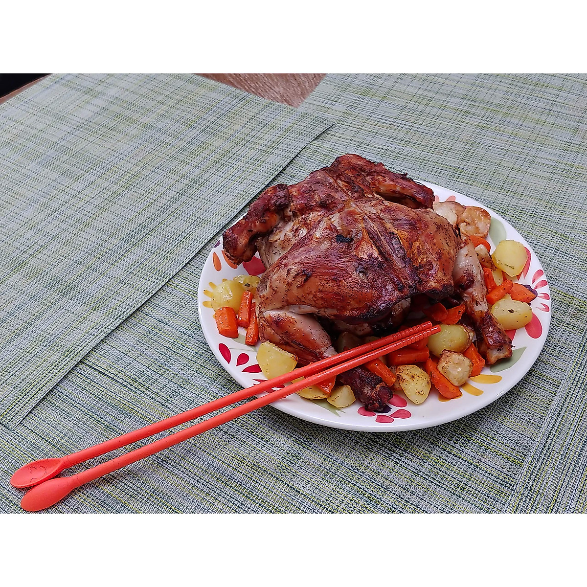 Silicone Cooking Chopsticks with Spoon and Band | 12in (30.5cm) | Stainless Steel Reinforced | Safe Frying, Hot Pot | Made in Korea (Red)