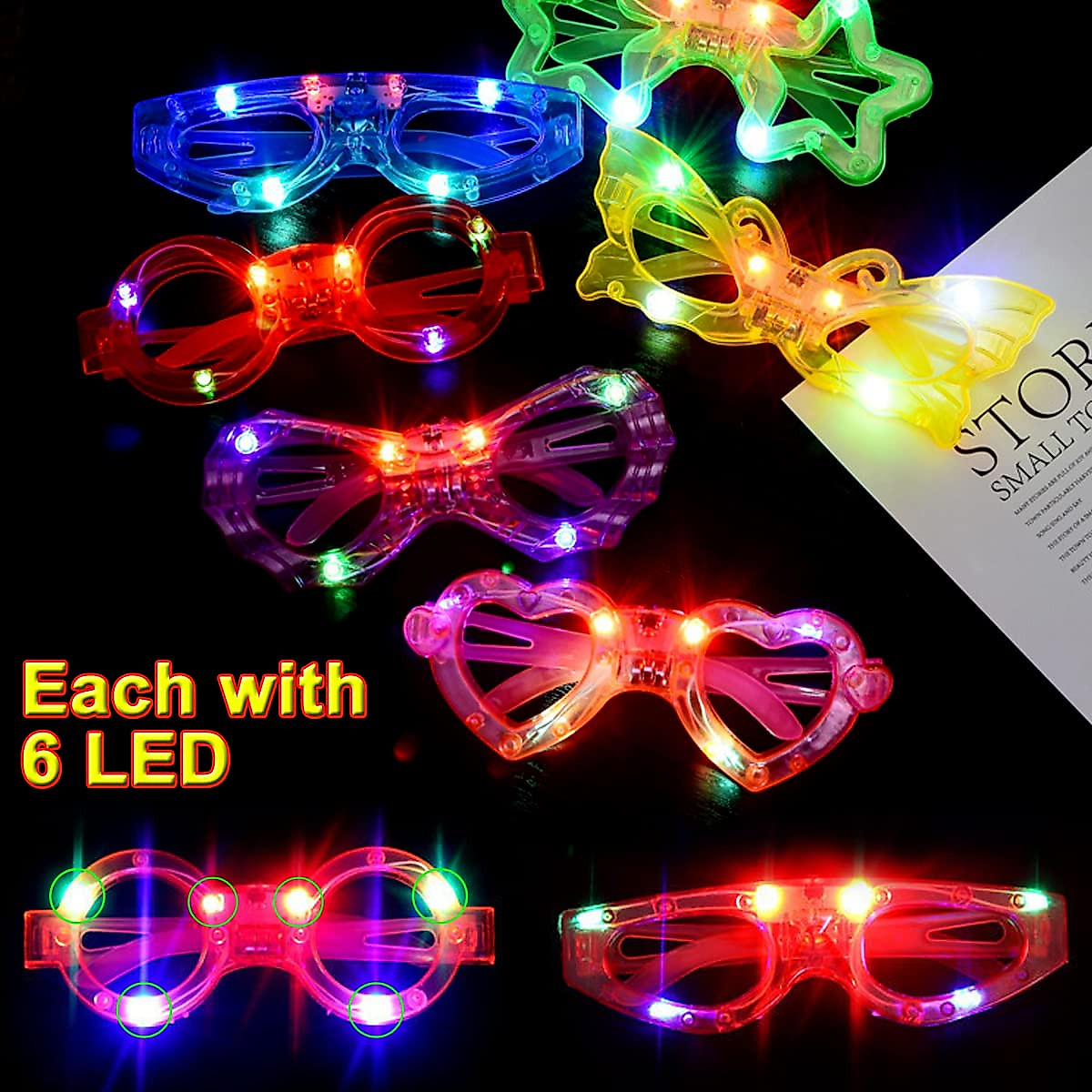 24 Packs LED Glasses for kids Glow in the dark Party Supplies Favor,6 LED 6 Shapes Glasses Flashing Plastic Light up Glass Toys Bulk 3 Replaceable Battery fit New Year Eve Party Supplies 2025 Holiday