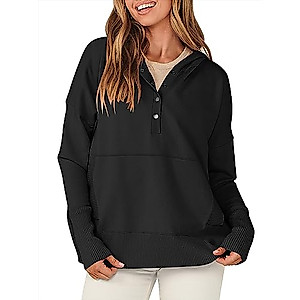 ANRABESS Women Casual Henley Hoodies Oversized Sweatshirt Ribbed Knit Long Sleeve Shirts Buttons V Neck Loose Baggy Sweater Hooded Pullover Fashion 2023 Fall Clothes 1064heise-S Black