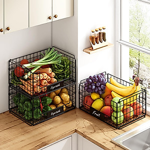 JKsmart 3 Pack XXL Stackable Wire Baskets with Handles for Pantry Storage and Organization, Fruit and Vegetable Basket with Name Plates, Metal Storage Bins for Snack Can Fruit Veggies