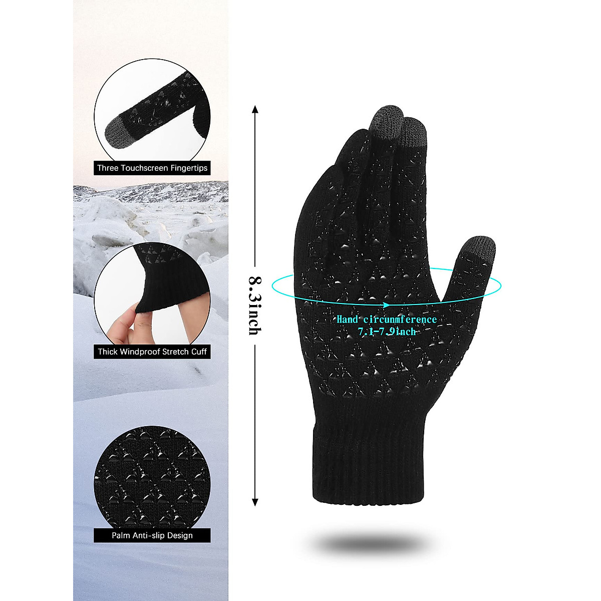 Gaoport 3pairs Winter Knit Gloves Women with Touchscreen fingers Anti-Slip Warm Texting Smart Phone Gloves for Men Cold Weather