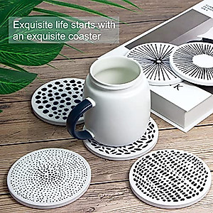 WYLHXYQQ Absorbent Ceramic Coaster，Drink Coasters Set of 6， with a Bracket, Cork Base, Heat Resistant Coaster, Suitable for Home, Kitchen, Bar, Office, Birthday Gift (Black and White dot)