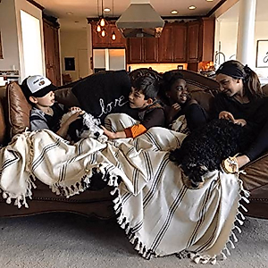 THE LOOMIA Sophie Turkish Cotton Boho Farmhouse Throw Blanket (Extra Large, Creamish Ecru Base with Black Stripes)