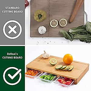 Bellsal Bamboo Cutting Board with Containers Prep Deck Tidy Board Meal Prep System Chopping Board with Trays Cutting Board with Storage for Kitchen
